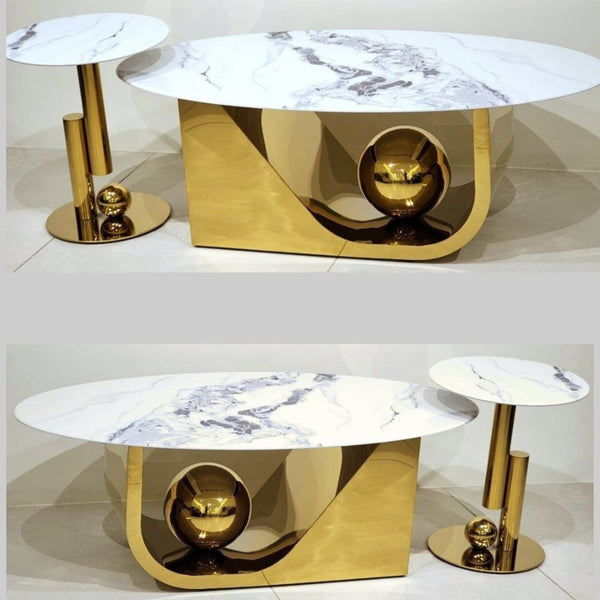 2- Pc Metal Central Table with Oval Shape Stone Top in Italian Marble – Furniture Redefined